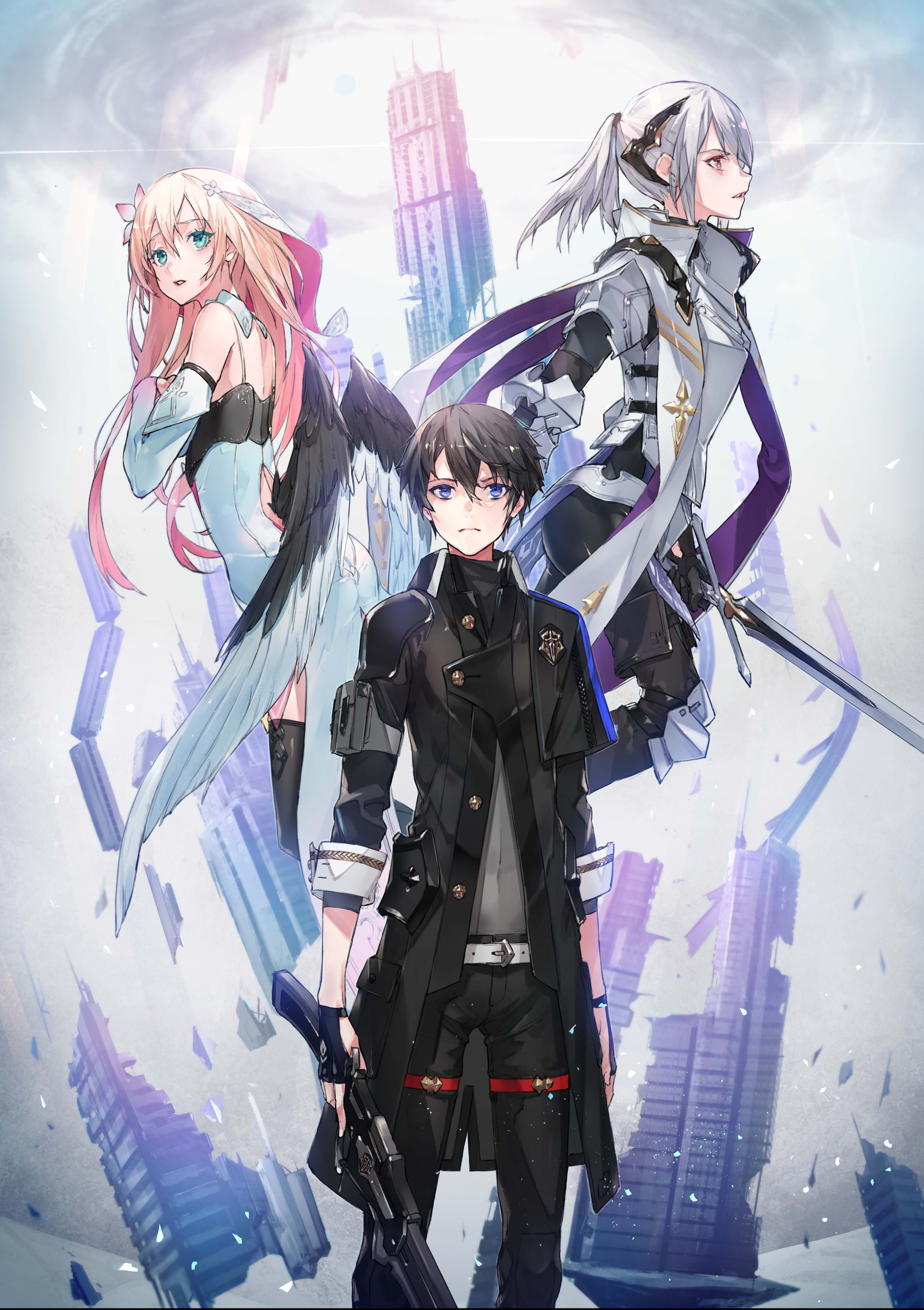 Safebooru - 1boy 2girls absurdres angel wings armor black hair blonde hair blue eyes dress ...